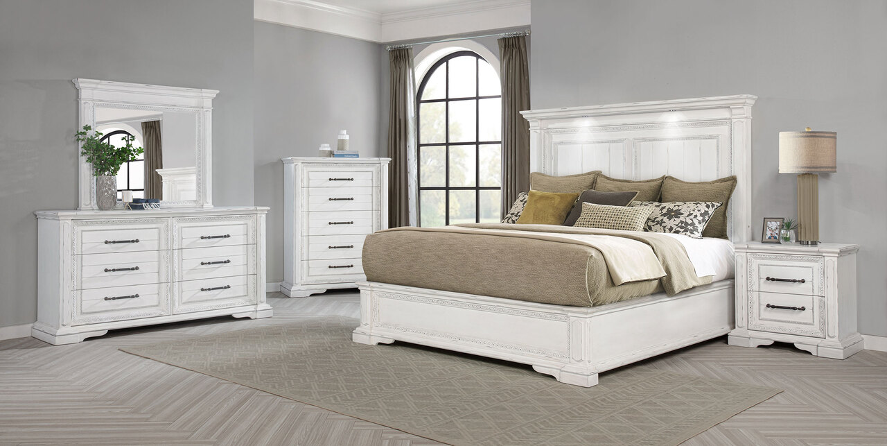 McKinney LED Light Panel Bedroom Set In Vintage White by Coaster ...