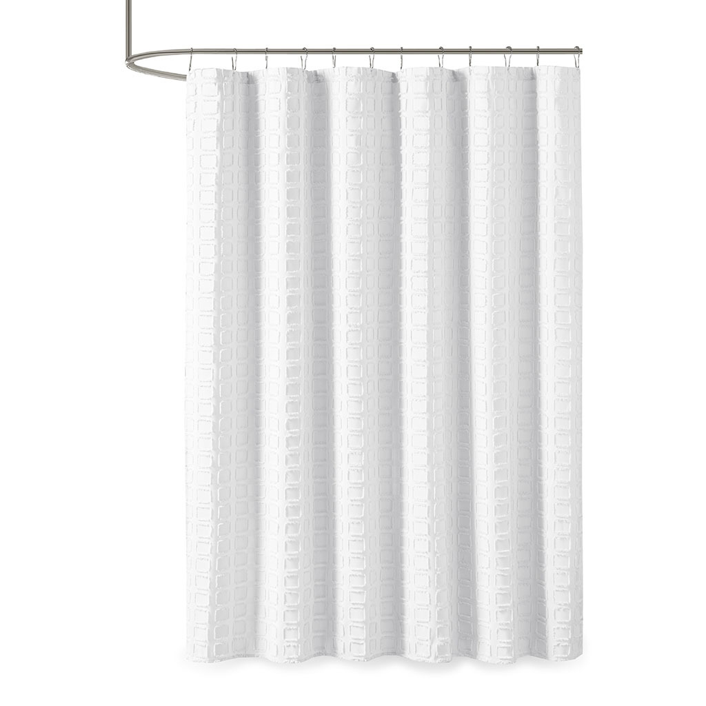 Metro Woven Clipped Solid Shower Curtain In White by Olliix | 1StopBedrooms