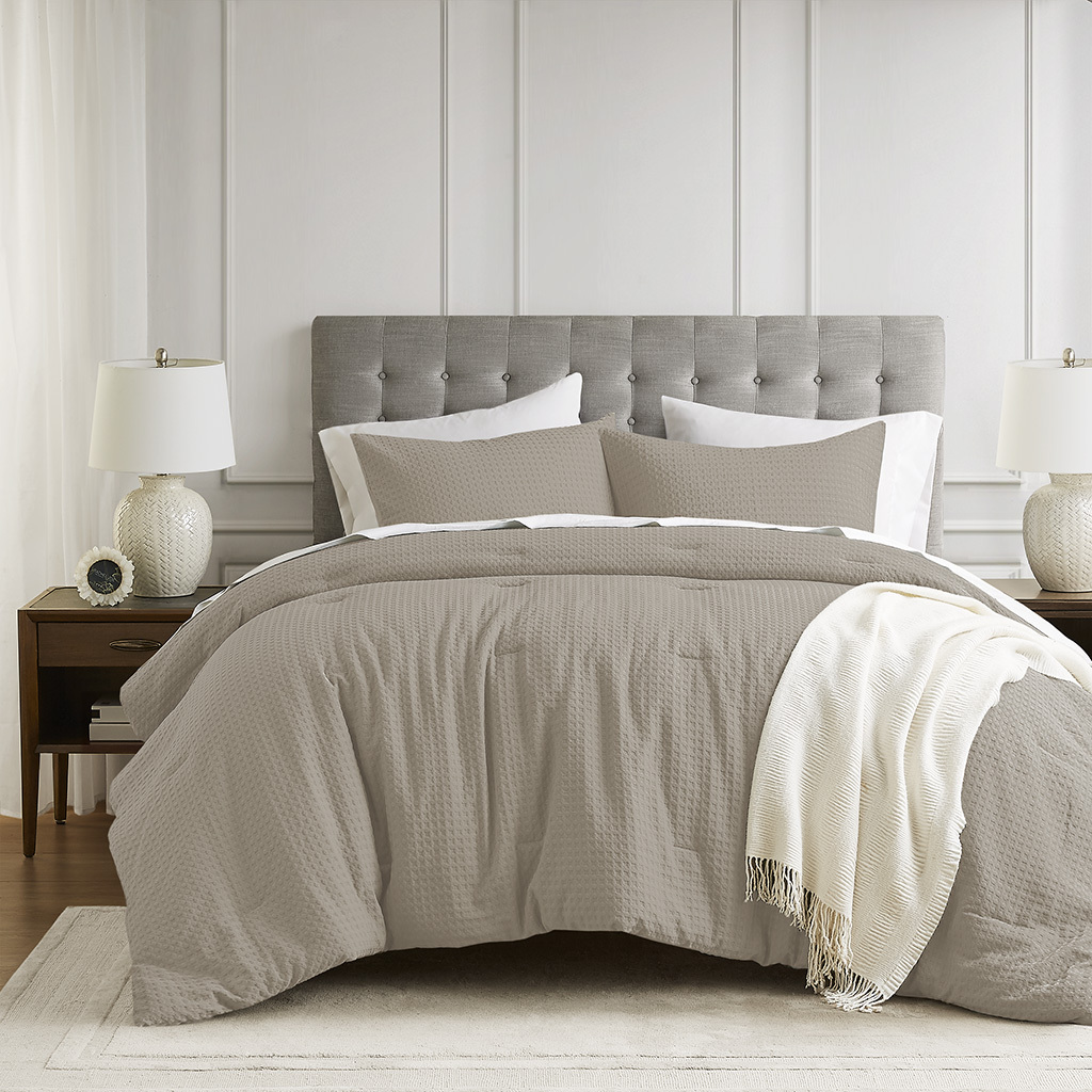 Mina Waffle Weave Textured Comforter Set In Neutral by Olliix ...