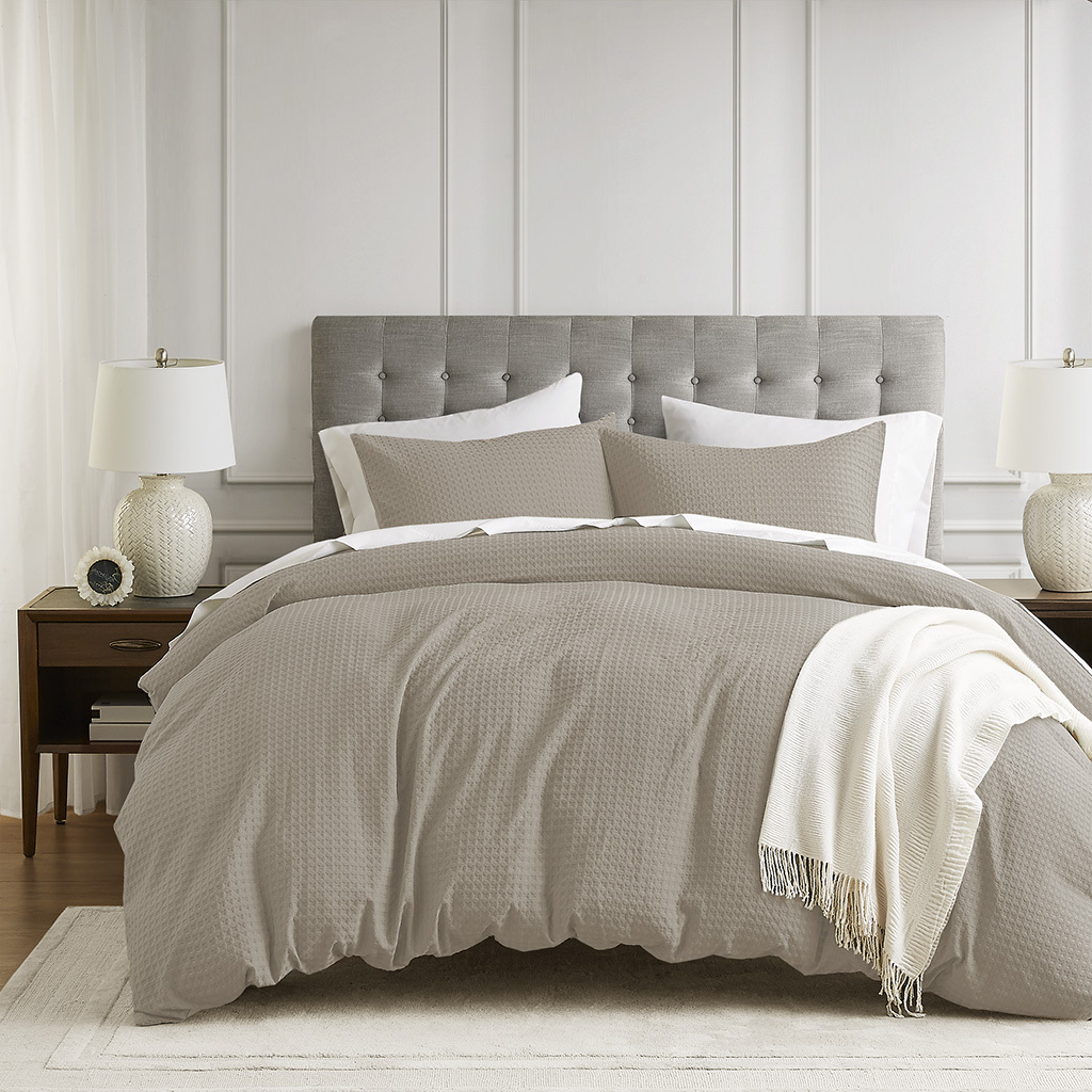 Mina Waffle Weave Textured Duvet Cover Set In Neutral by Olliix ...