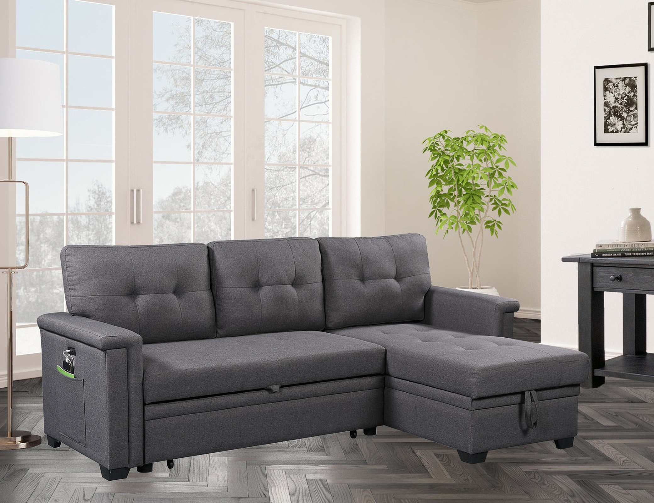 Nathan Dark Gray Reversible Sleeper Sectional Sofa With Storage Chaise ...