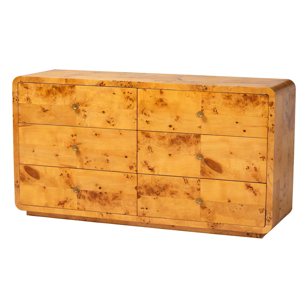 Netra Wood 6-Drawer Dresser In Natural Real Burl by Baxton Studio ...