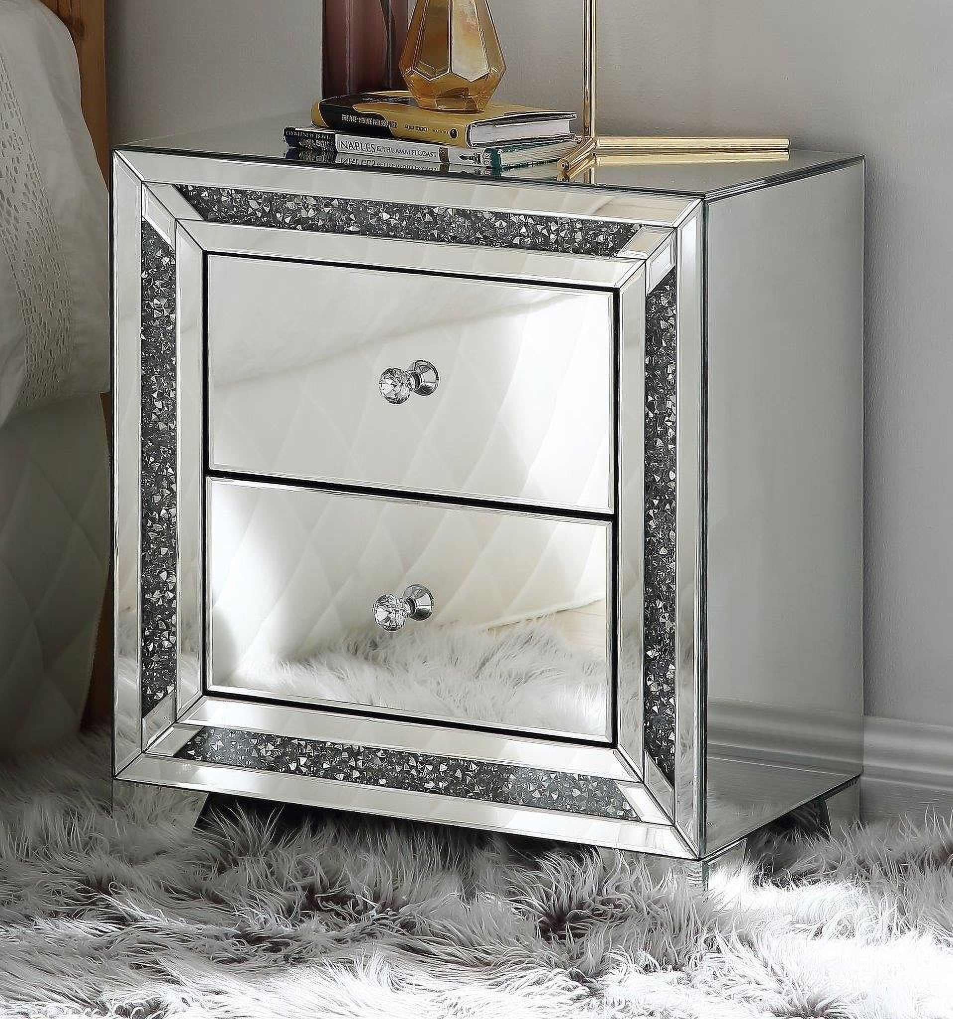 Noralie 22 Inch Mirrored and Faux Diamonds Night Table by ACME ...