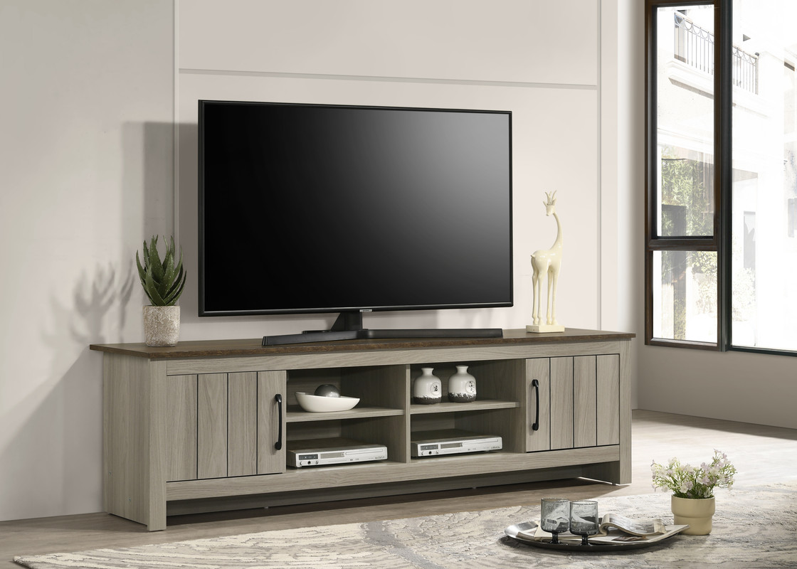 Nyla 68.5 Inch TV Stand with Shelves and Cabinet Doors In Gray Oak by ...