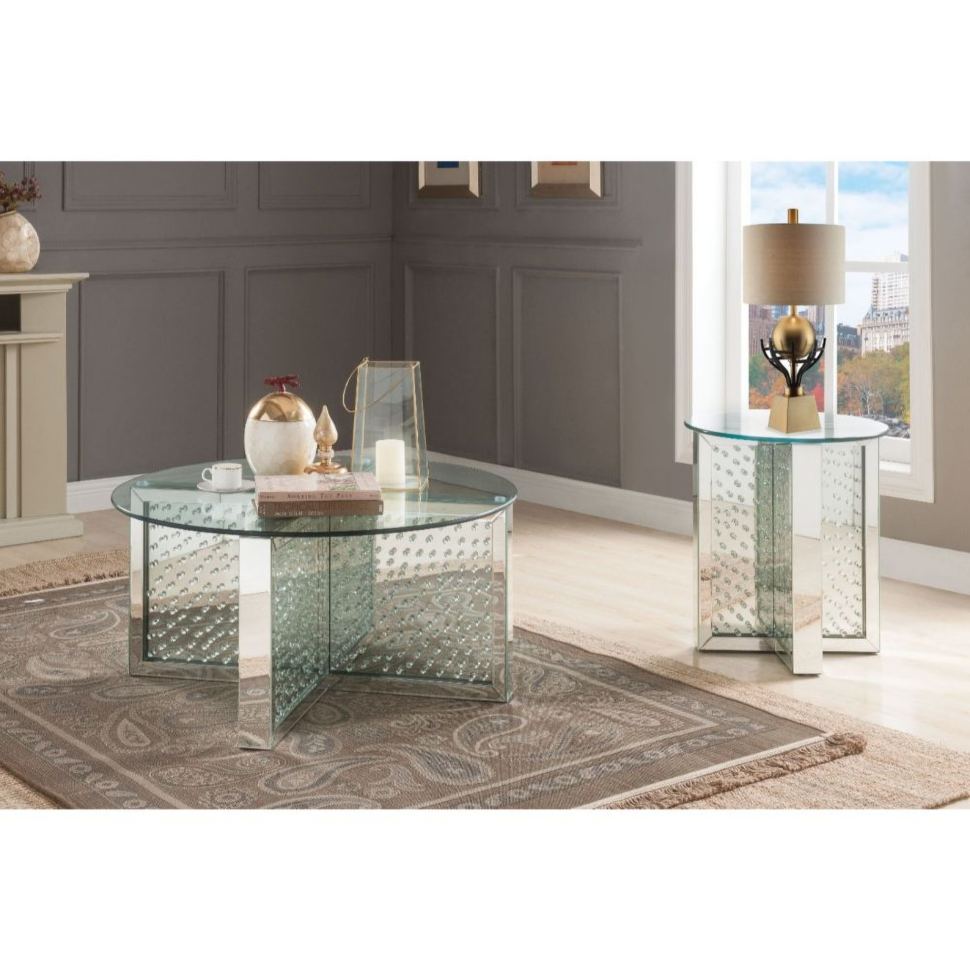 Nysa Mirrored and Faux Crystals Round End Table In Silver by ACME ...
