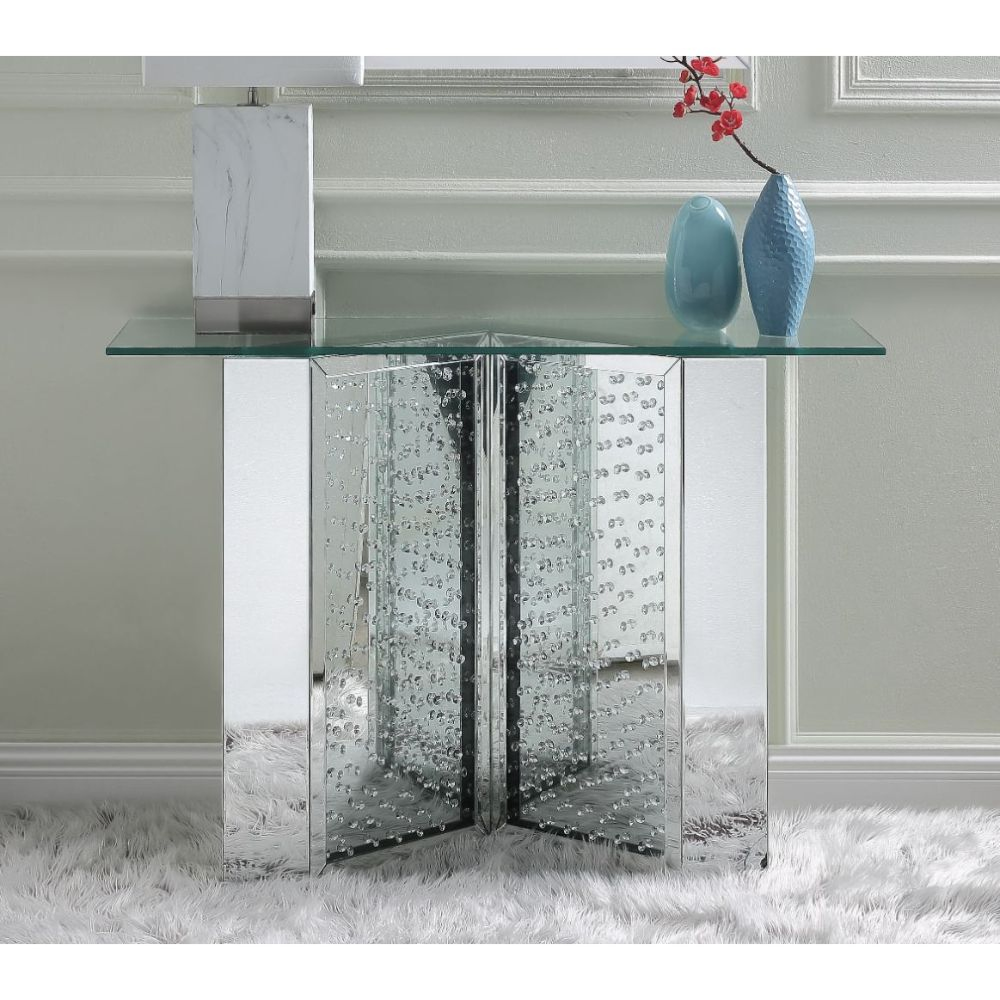 Nysa Mirrored/Faux Crystals Glass Top Console Table with Geometric Base ...