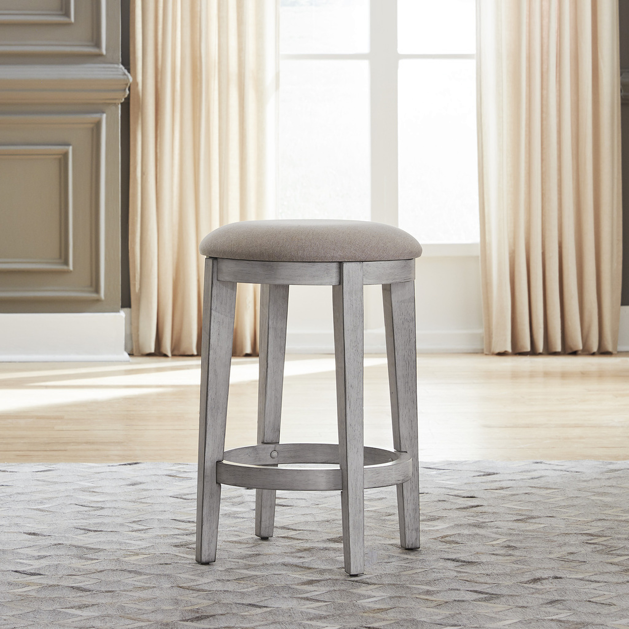Ocean Isle Upholstered Console Stool In Antique White With Weathered ...