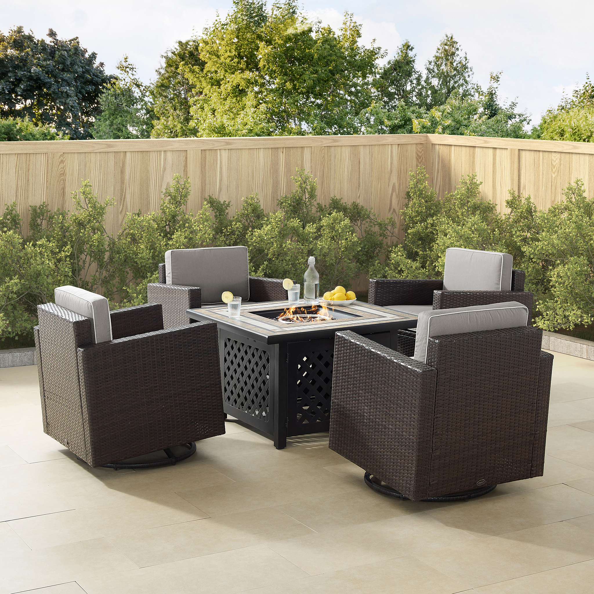 Palm Harbor 5 Piece Outdoor Swivel Rocker Set with Fire Table In Gray ...