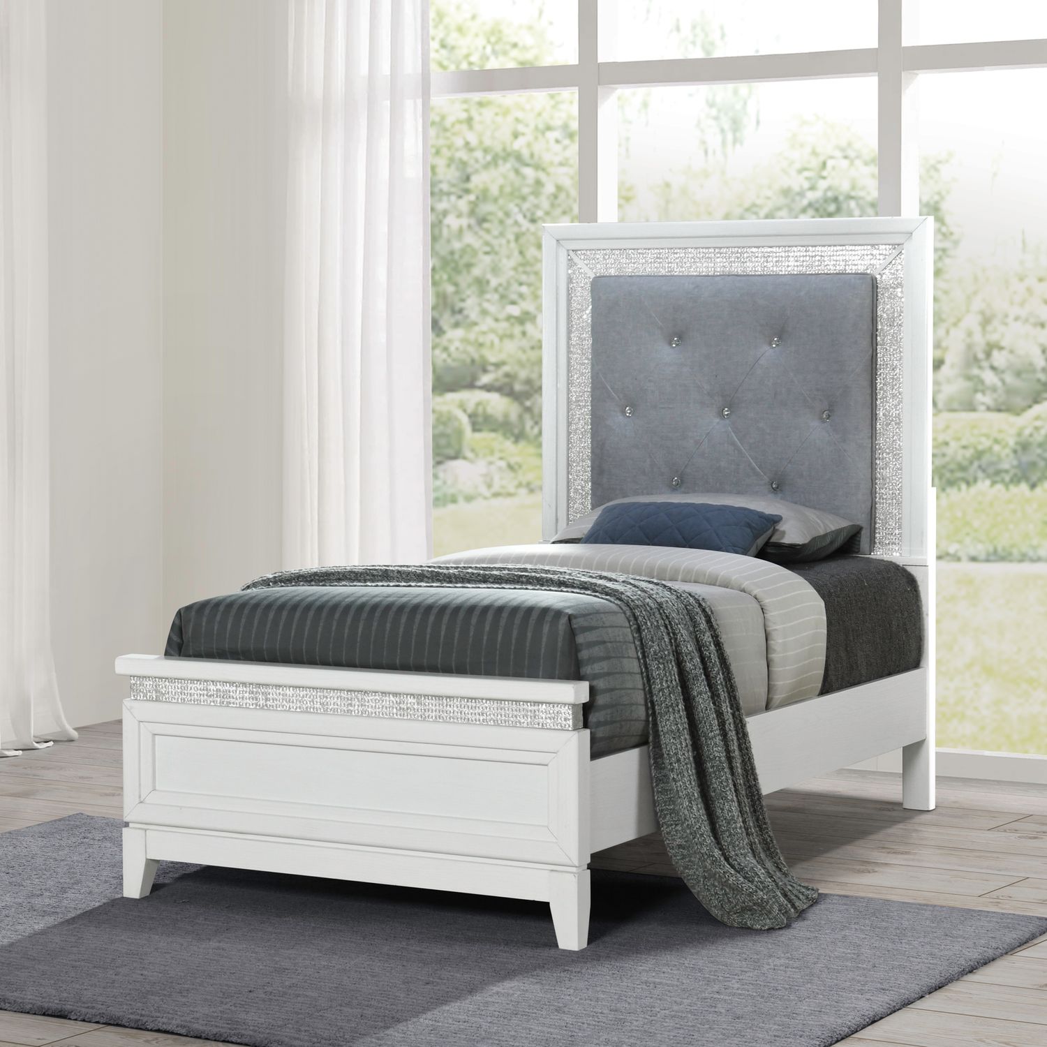 Reflections Twin Upholstered Bed In Pearl White and Rhinestone by ...