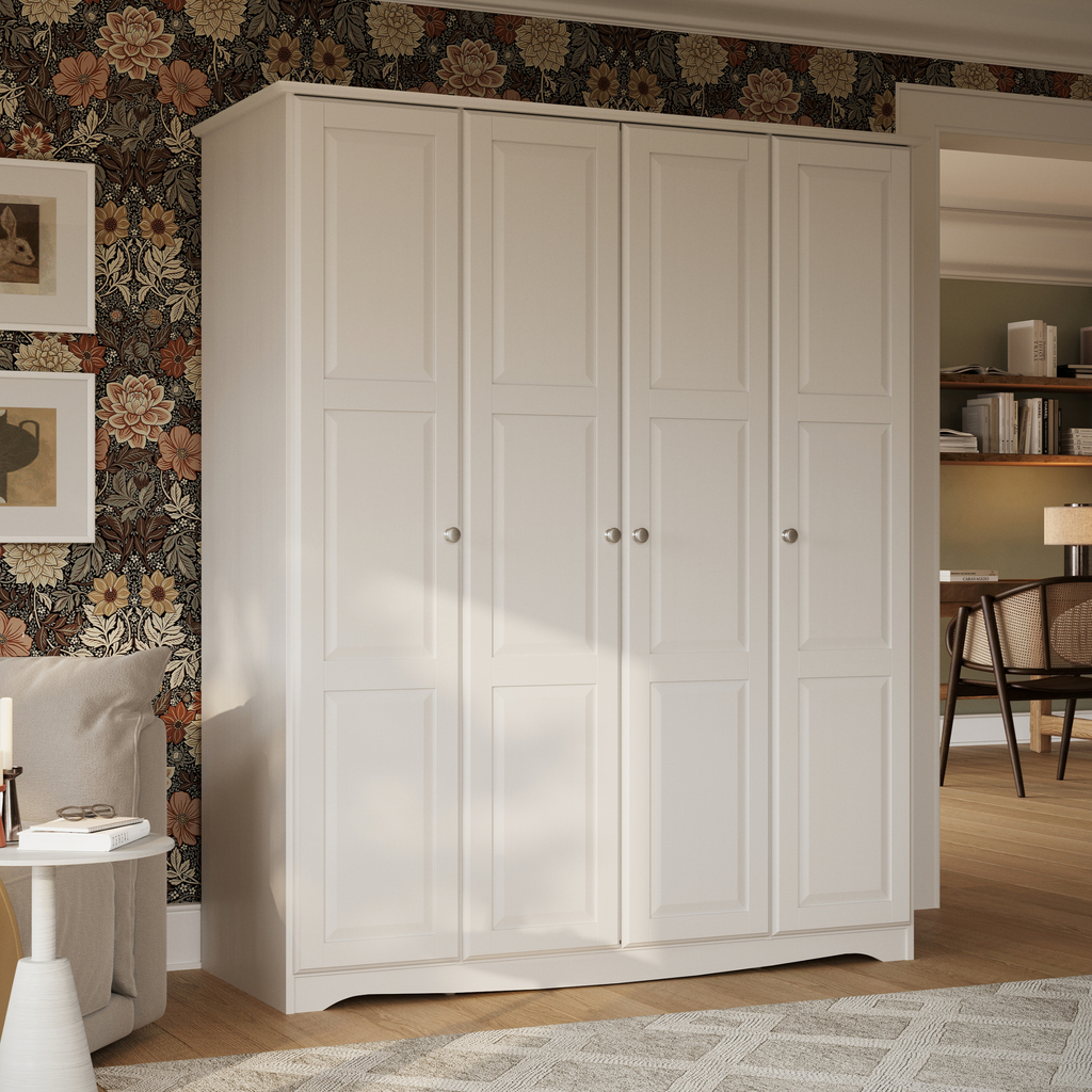 Regal 4-Door Wardrobe with Raised Panel Doors and Metal Knobs In White ...