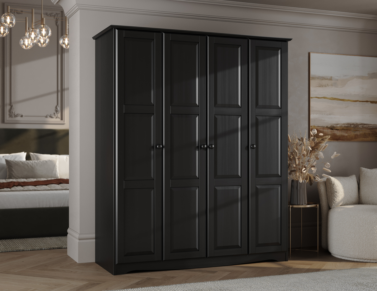Regal 4-Door Wardrobe with Raised Panel Doors In Black by Palace ...