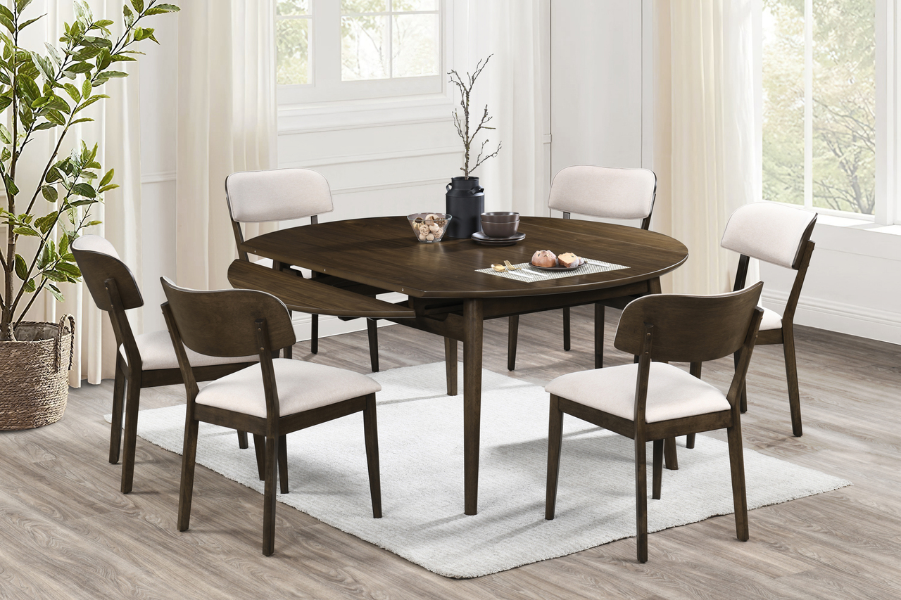 Rex 65 Inch Round Dining Set with Self Storing Leaves In Brown by New ...