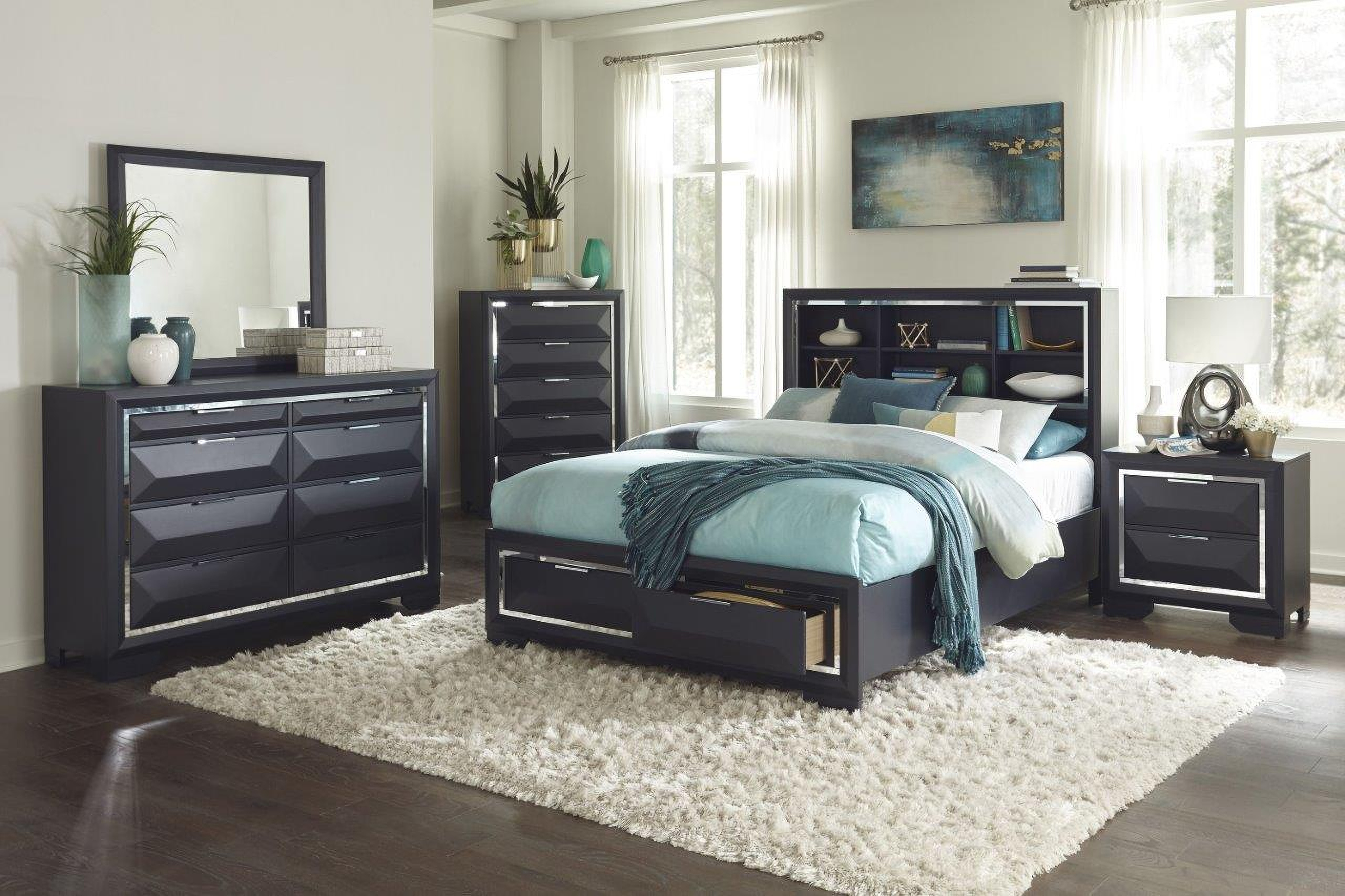 Rosemont Midnight Blue Storage Bookcase Platform Bedroom Set by ...