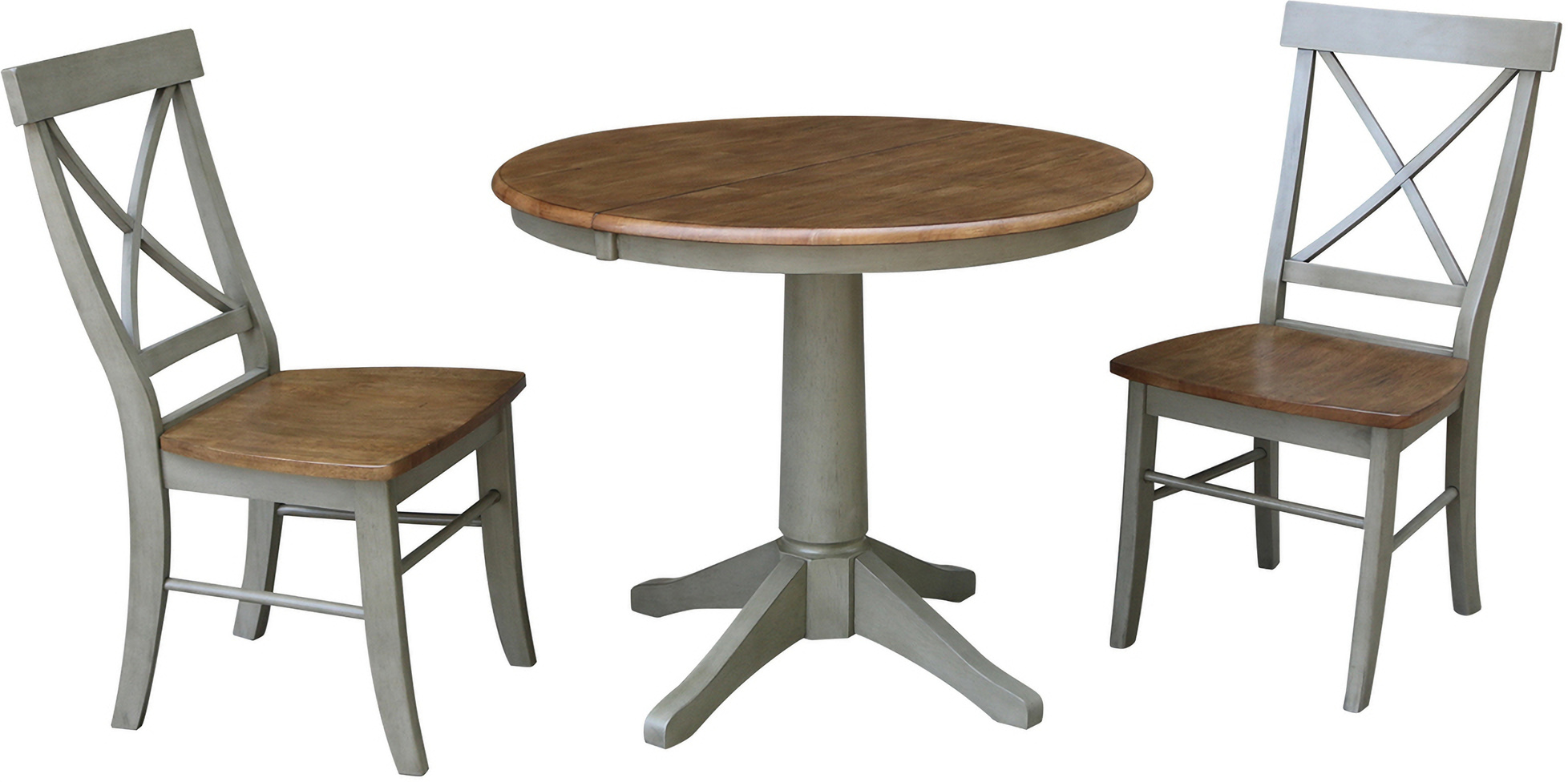 Round 36 Inch Extension Dining Table with 2 X-Back Chairs In Distressed ...
