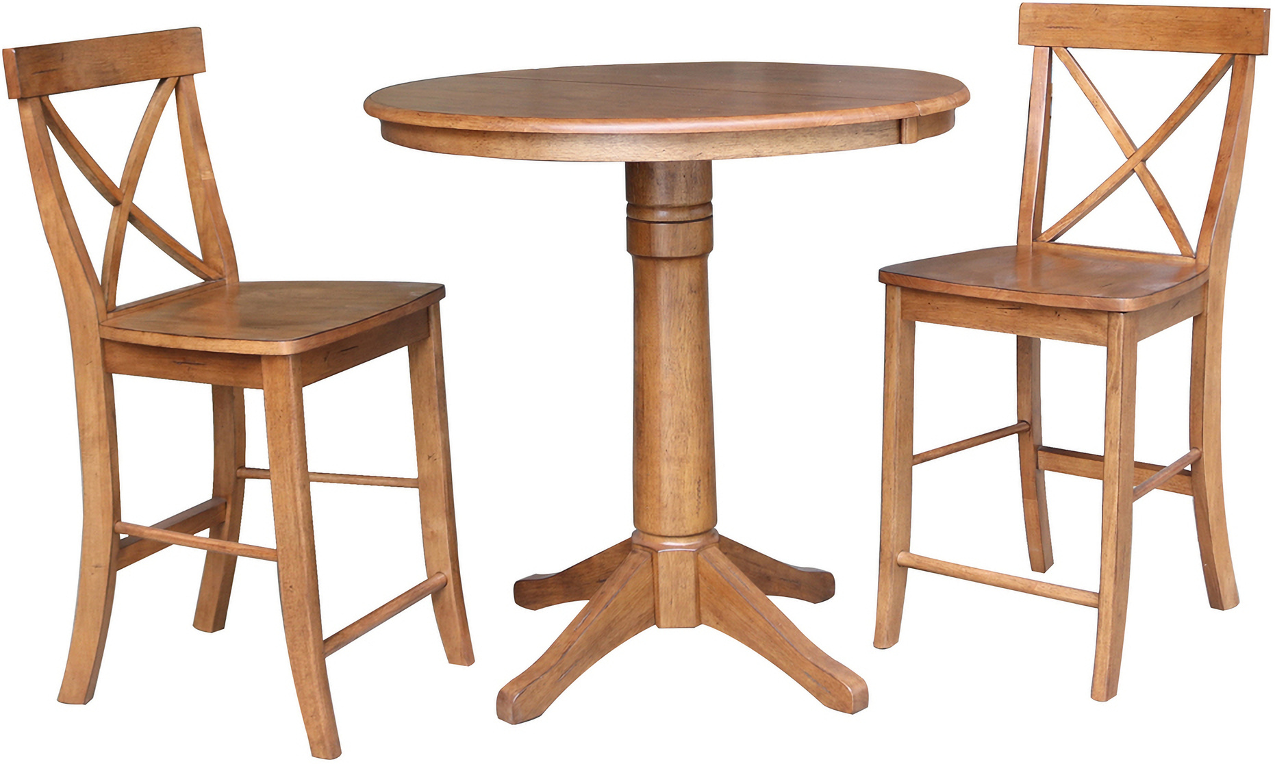 Round 36 Inch Extension Dining Table with 2 X-Back Stools In Distressed ...