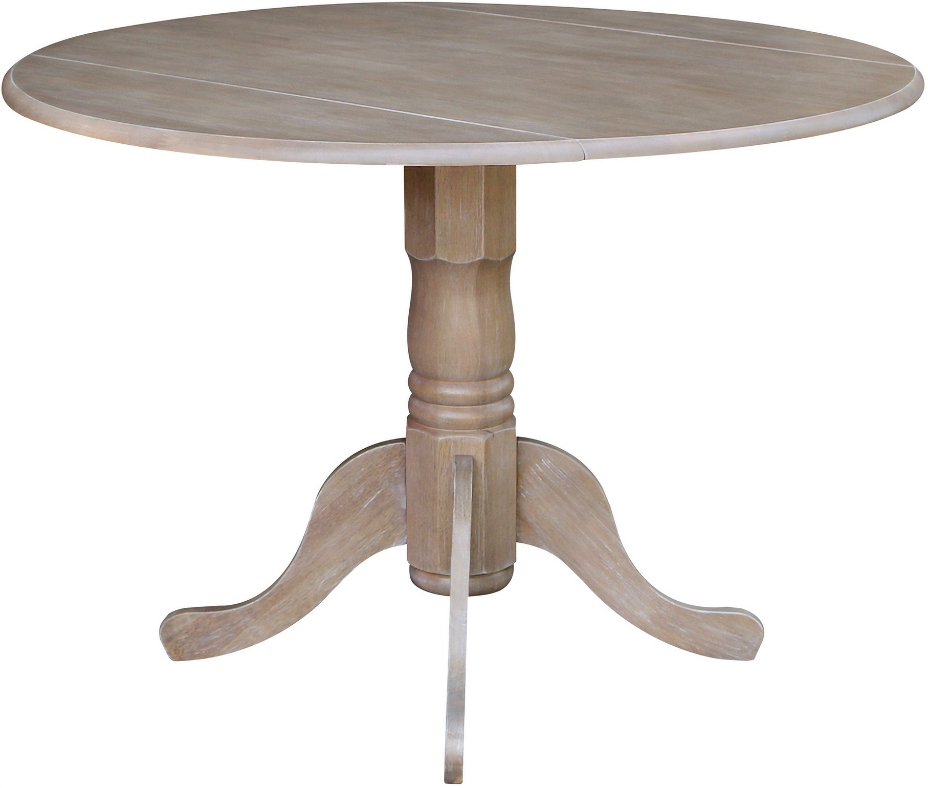 Round 42 Inch Dual Drop Leaf Pedestal Dining Table In Washed Gray Taupe ...