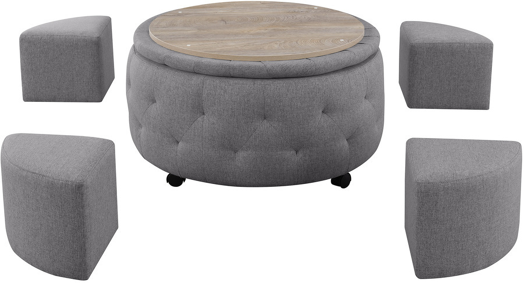 Round Rolling Storage Ottoman with 4 Side Ottomans In Dark Grey by AC ...