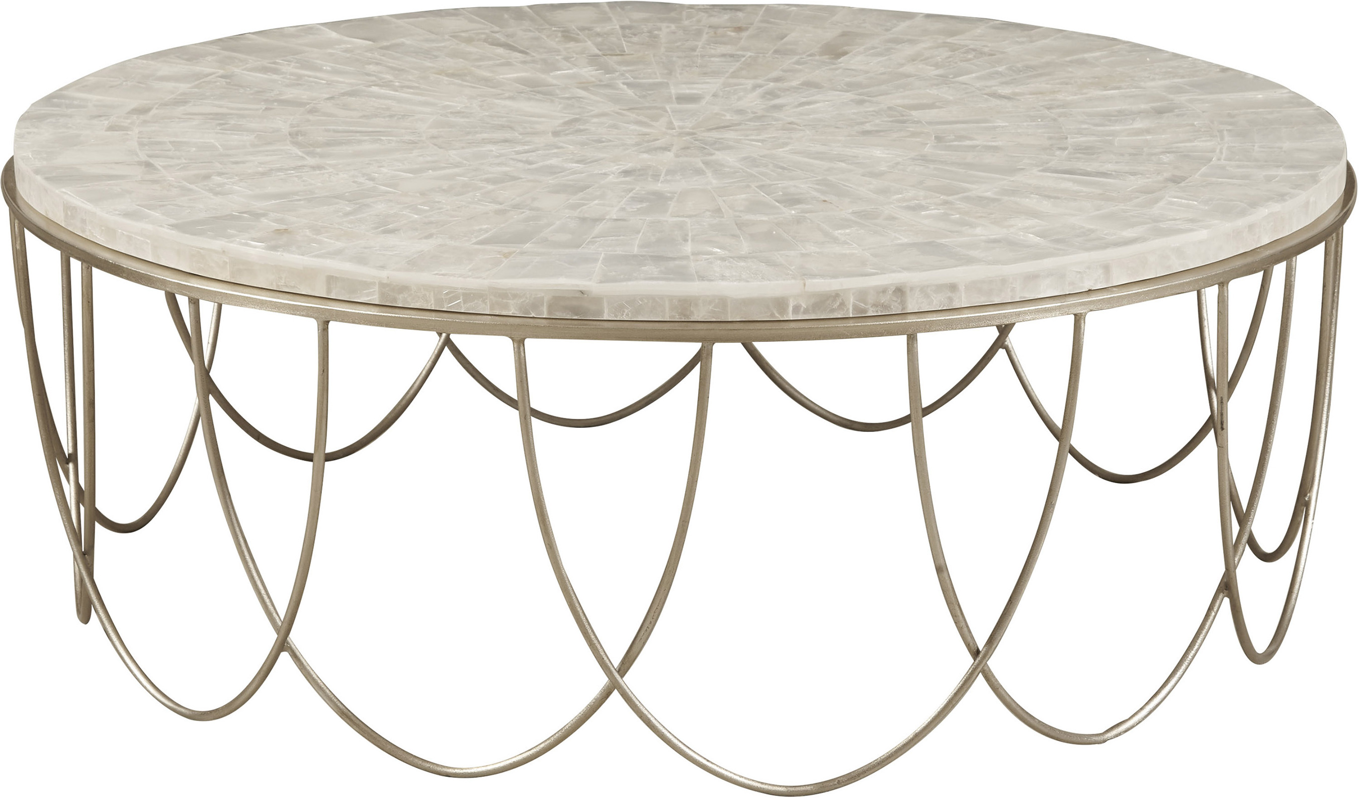 Round Stone Top Cocktail Table with Decorative Metal Base In Silver by ...