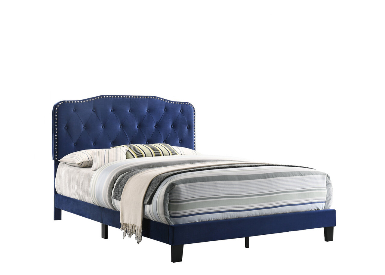 Roy Queen Upholstered Panel Bed In Navy Blue Velvet by Best Quality ...