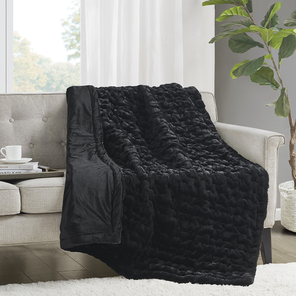 Ruched Fur Throw In Black by Olliix | 1StopBedrooms