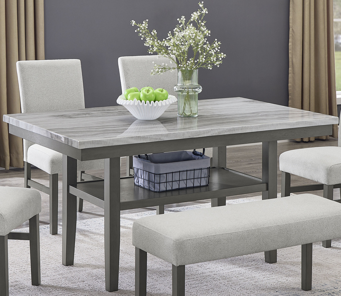 Selena 60 Inch Faux Marble Top Rectangular Dining Table with Storage ...