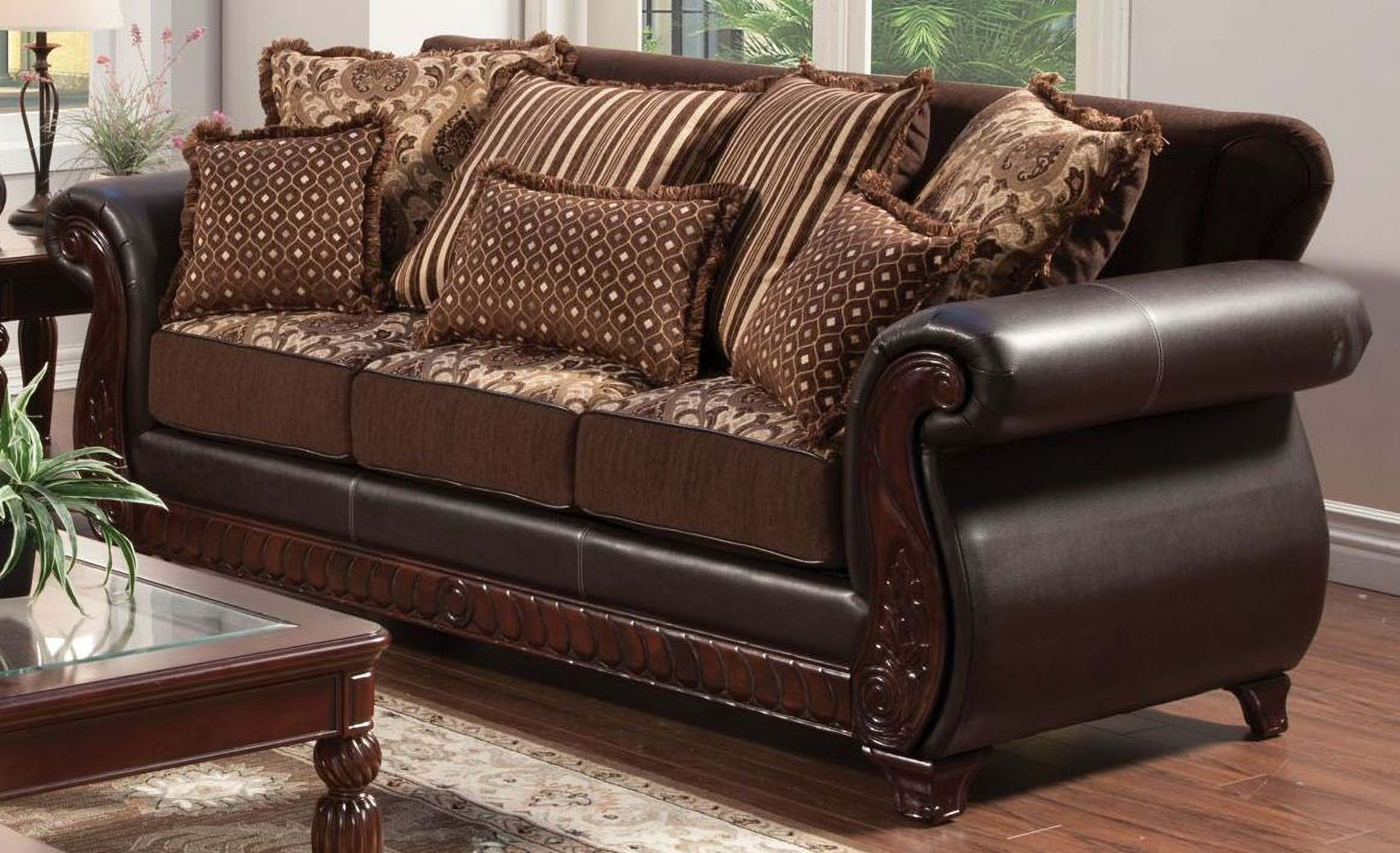 Franklin Dark Brown Fabric and Leatherette Sofa by Furniture of America ...