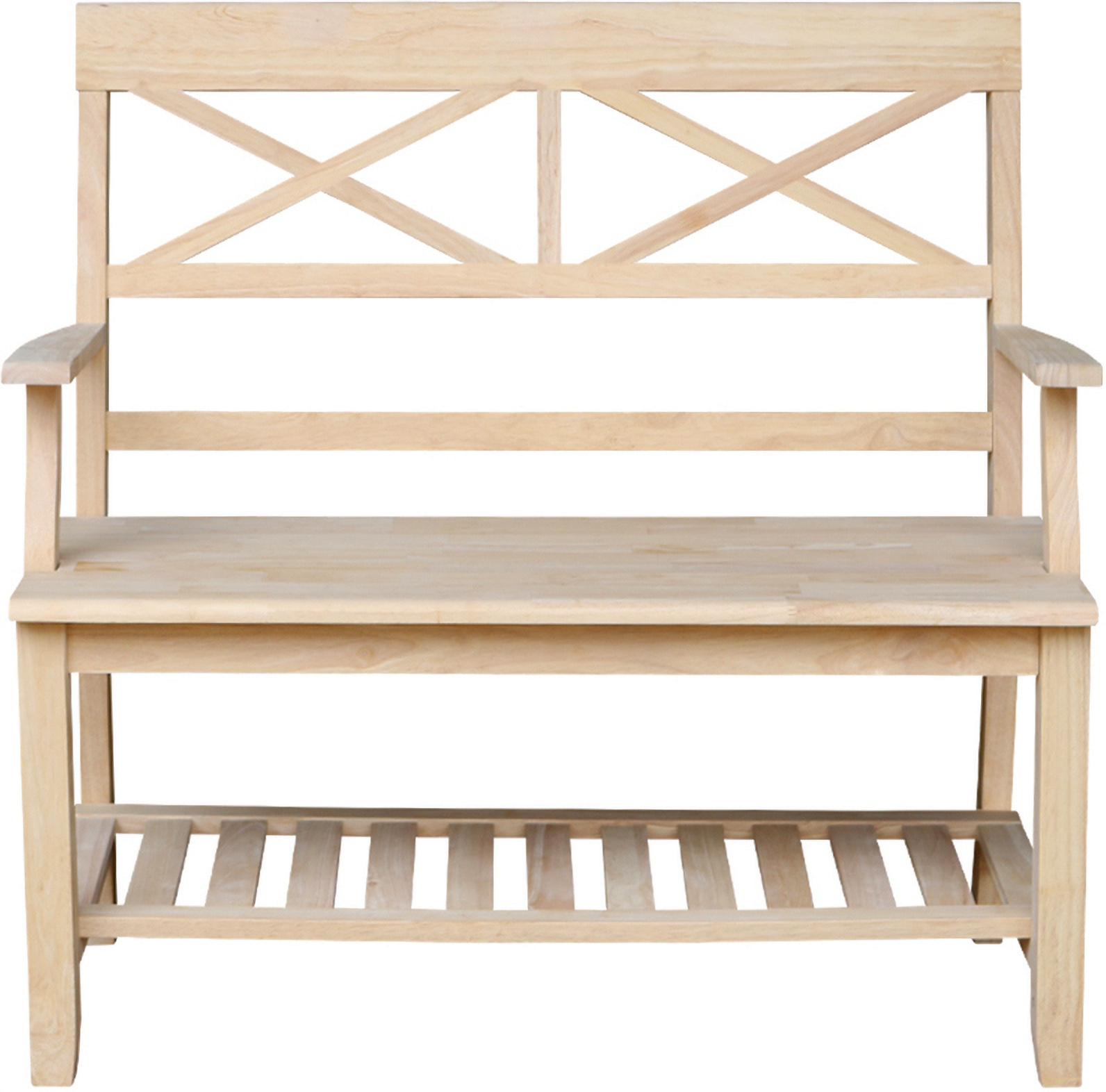Solid Wood Double X-Back Bench with Arms and Shelf In Unfinished by ...