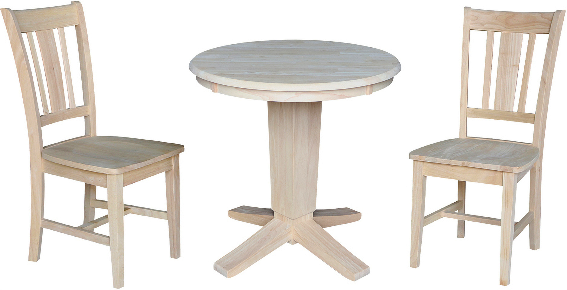 Solid Wood Round Top 30 Inch Dining Table with 2 Chairs In Unfinished ...