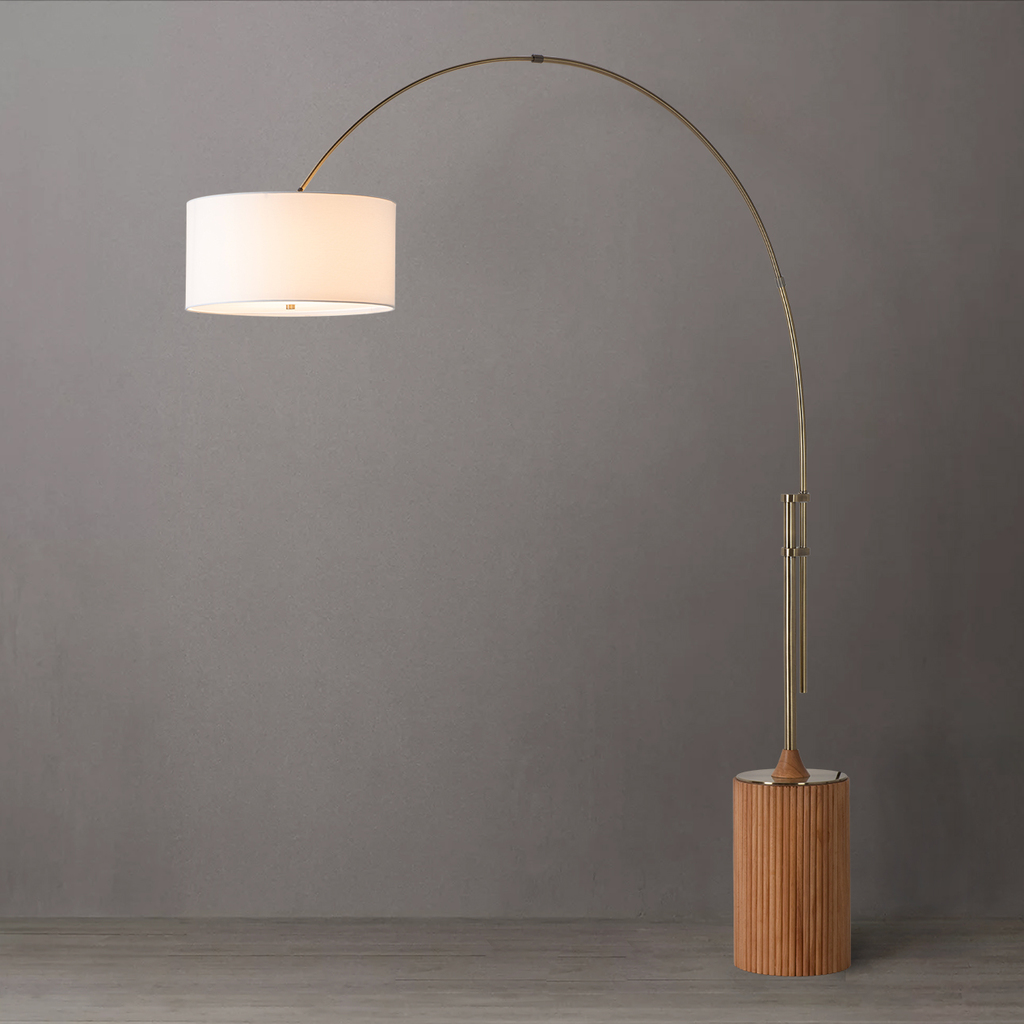 Tambo White Linen Shade Arc Floor Lamp In Natural Ash and Weathered ...