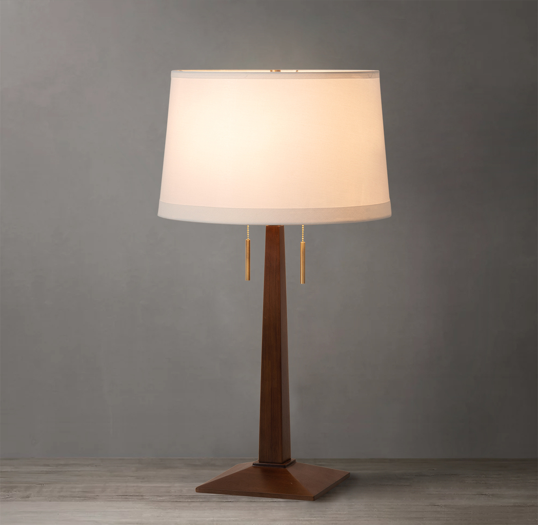 Taper White Linen Shade Table Lamp In Walnut and Weathered Brass by ...