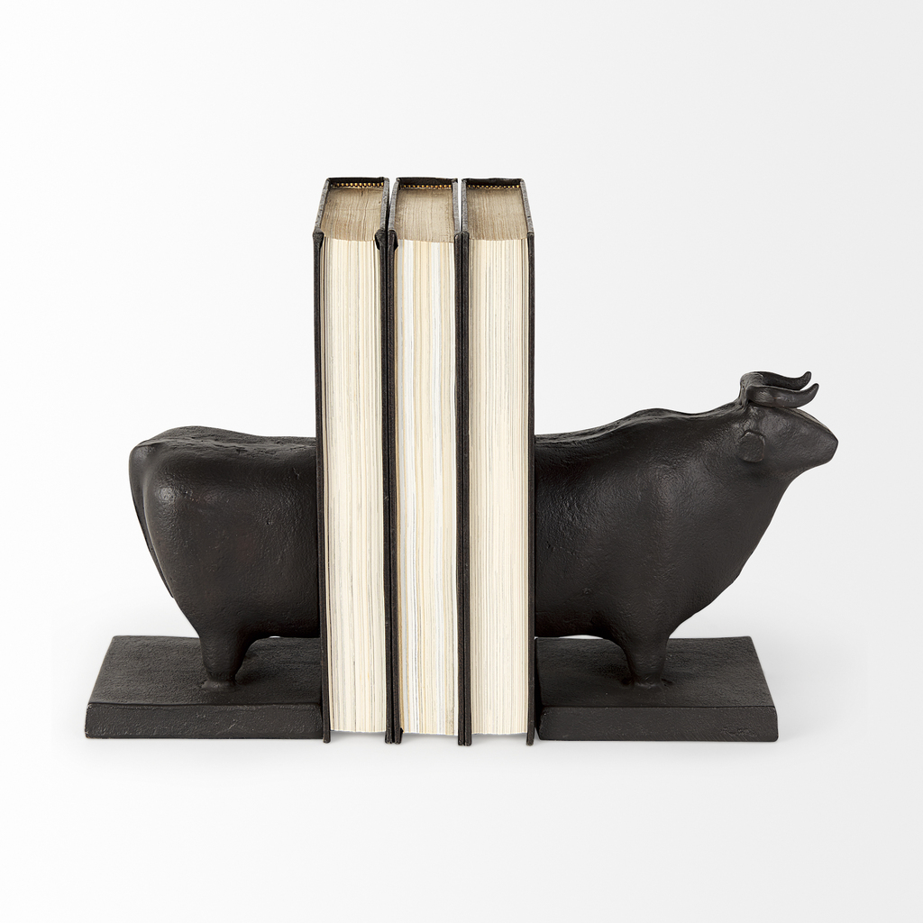 Taurus III Cast Aluminum Bull Bookends Set of 2 In Black by Mercana ...