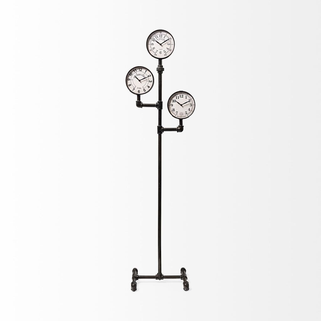 Trifect Iron Pipe Three Face Floor Clock In Black by Mercana ...