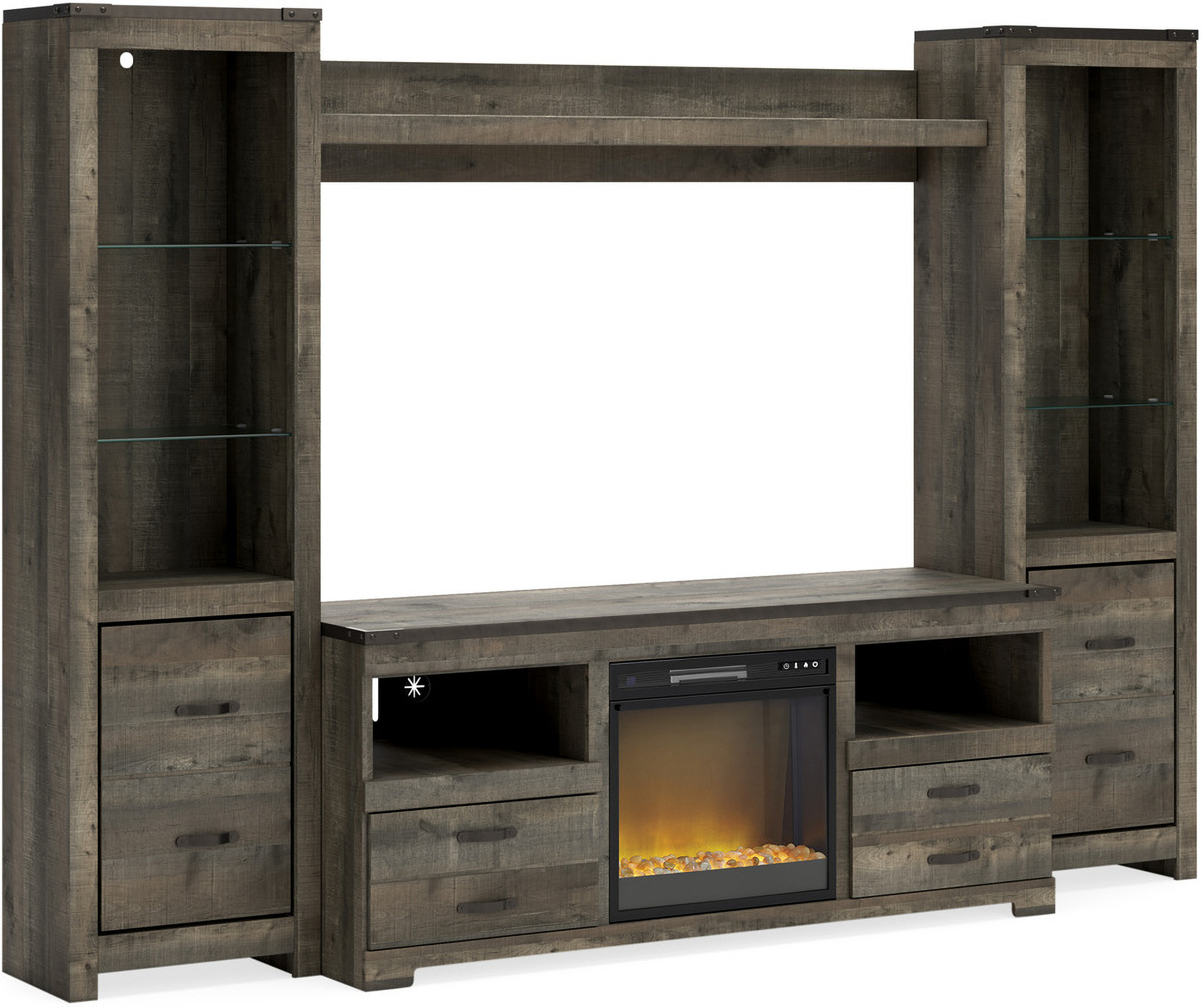 Trinell 4-Piece Entertainment Center with Electric Fireplace In Brown ...