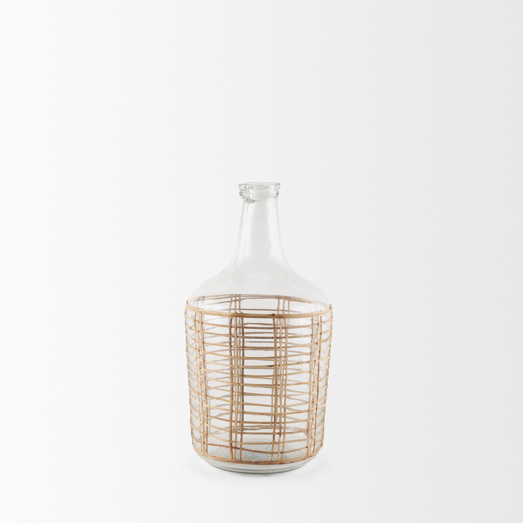 Troian Medium Rattan Wrapped Glass Bottle In Clear by Mercana ...