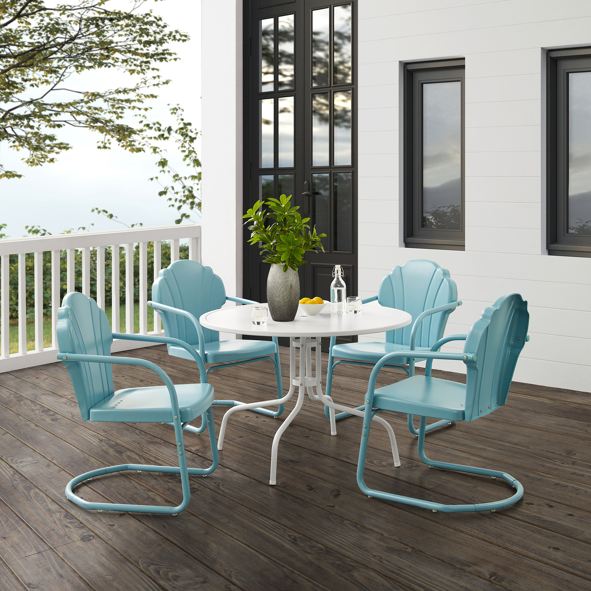 Tulip 5 Piece Retro Outdoor Dining Set In Pastel Blue Satin and White Satin by Crosley Brands ...