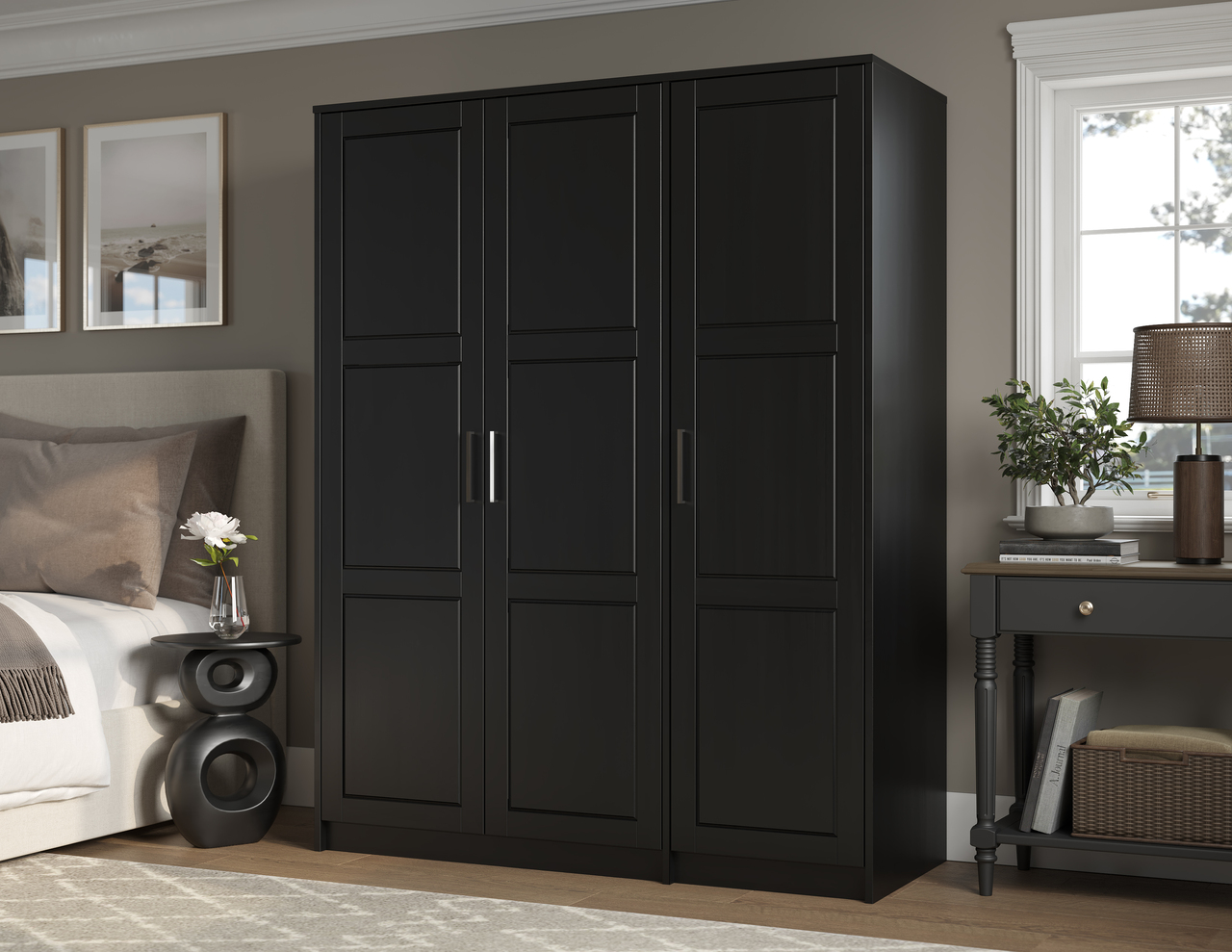 Urban 3-Door Wardrobe Armoire with Raised Panel Doors In Black by ...