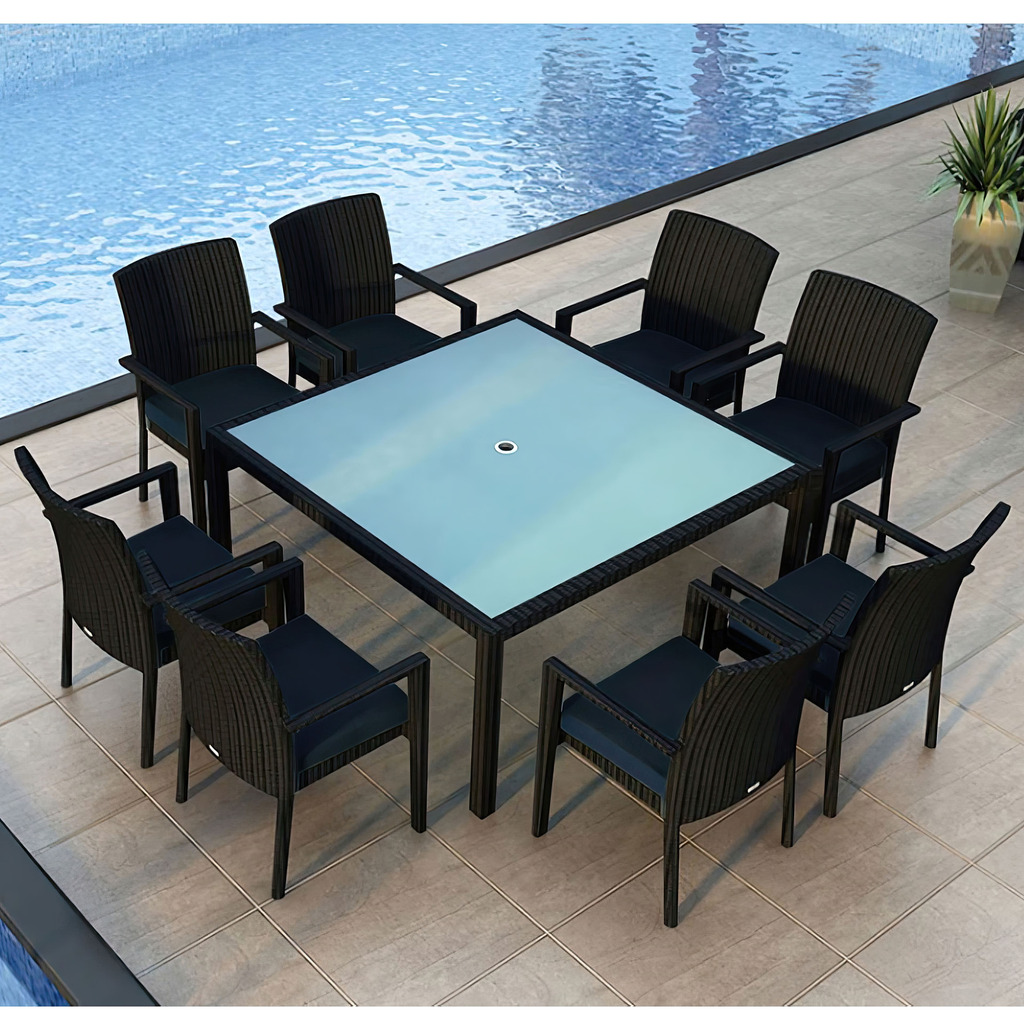 Urbana 9 Piece Square Arm Dining Set In Spectrum Indigo and Coffee Bean ...