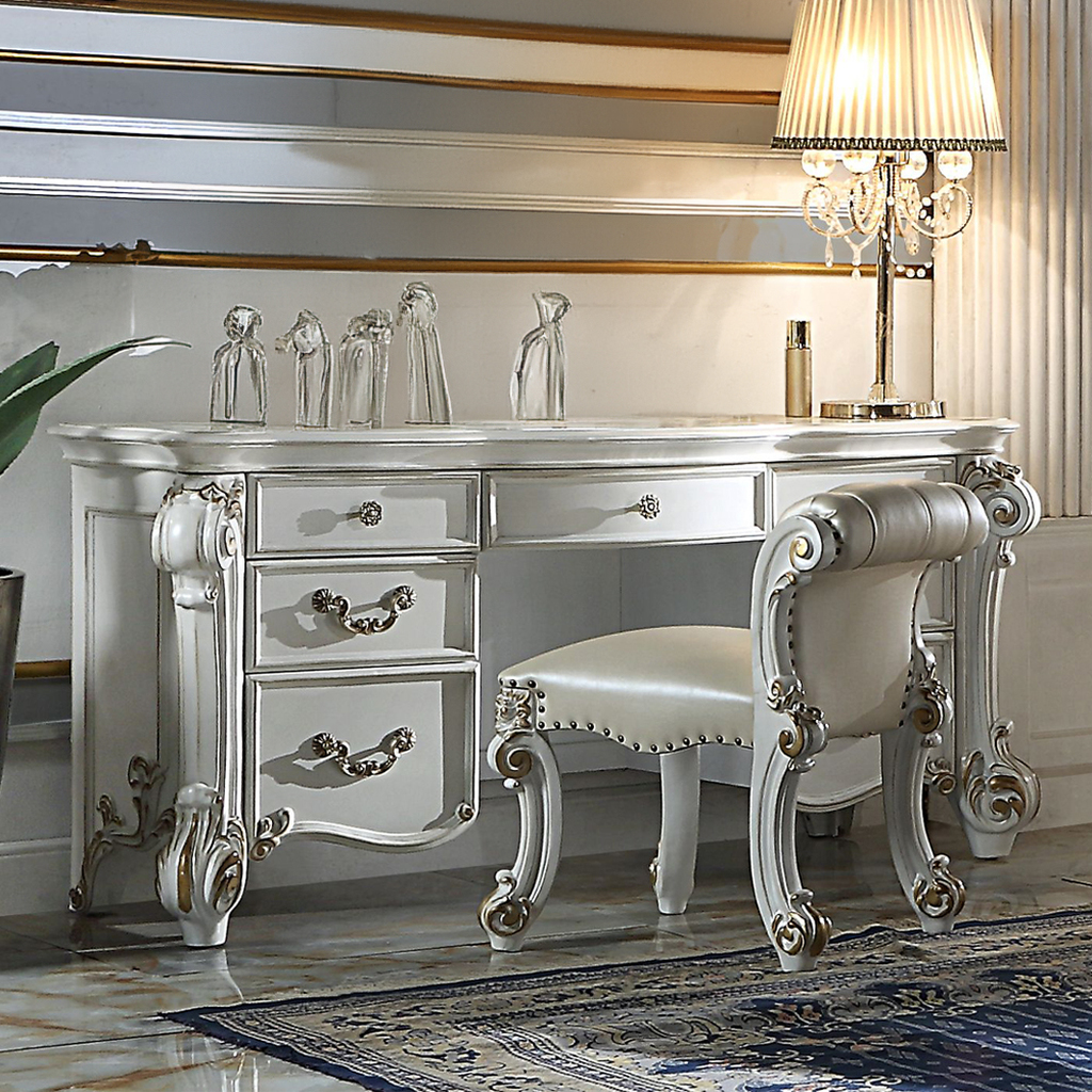 Vendome Vanity Desk In Beige and Silver by ACME | 1StopBedrooms