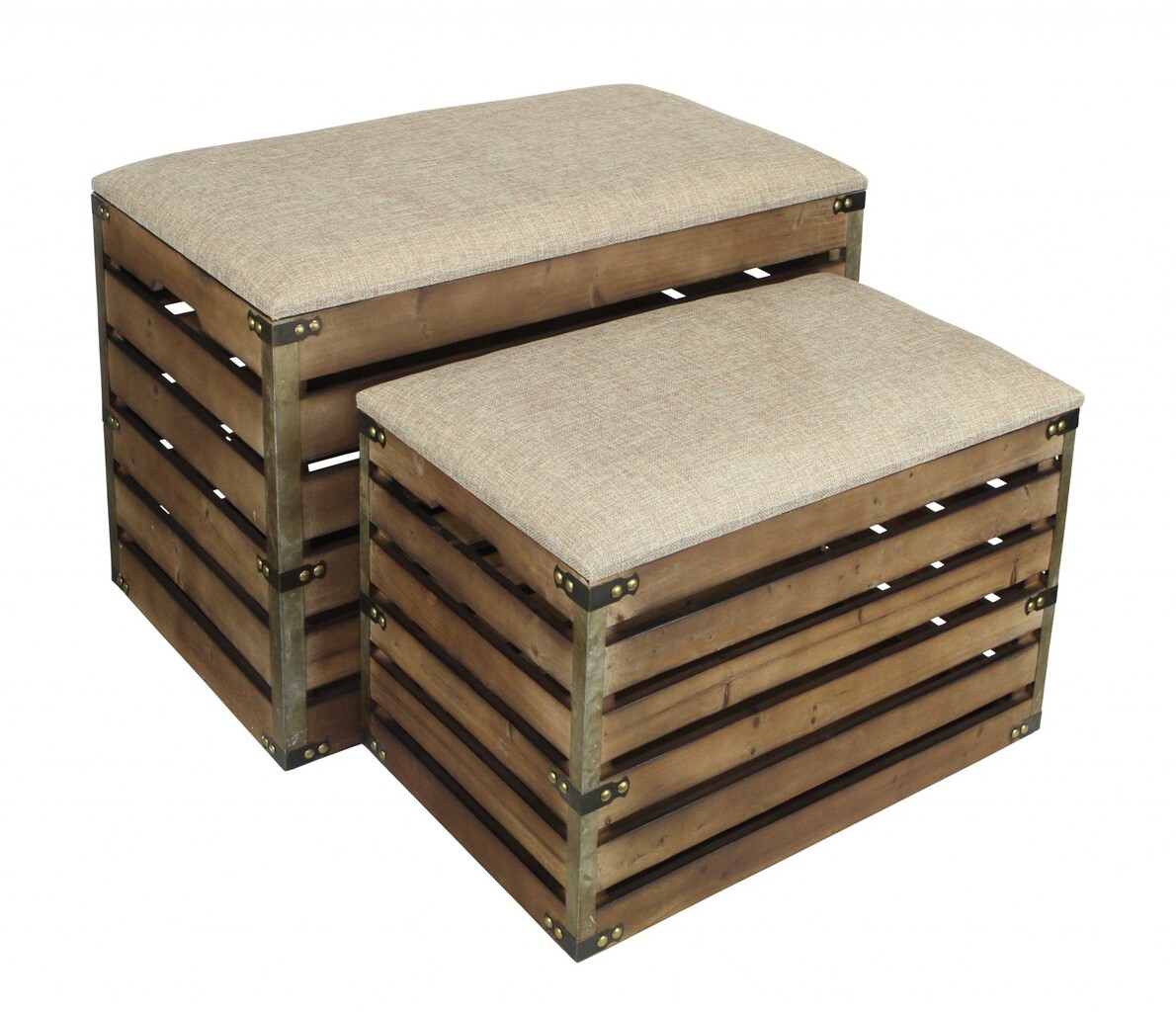 Wood Slat and Upholstery Storage Benches Set of 2 with Flip Top In ...