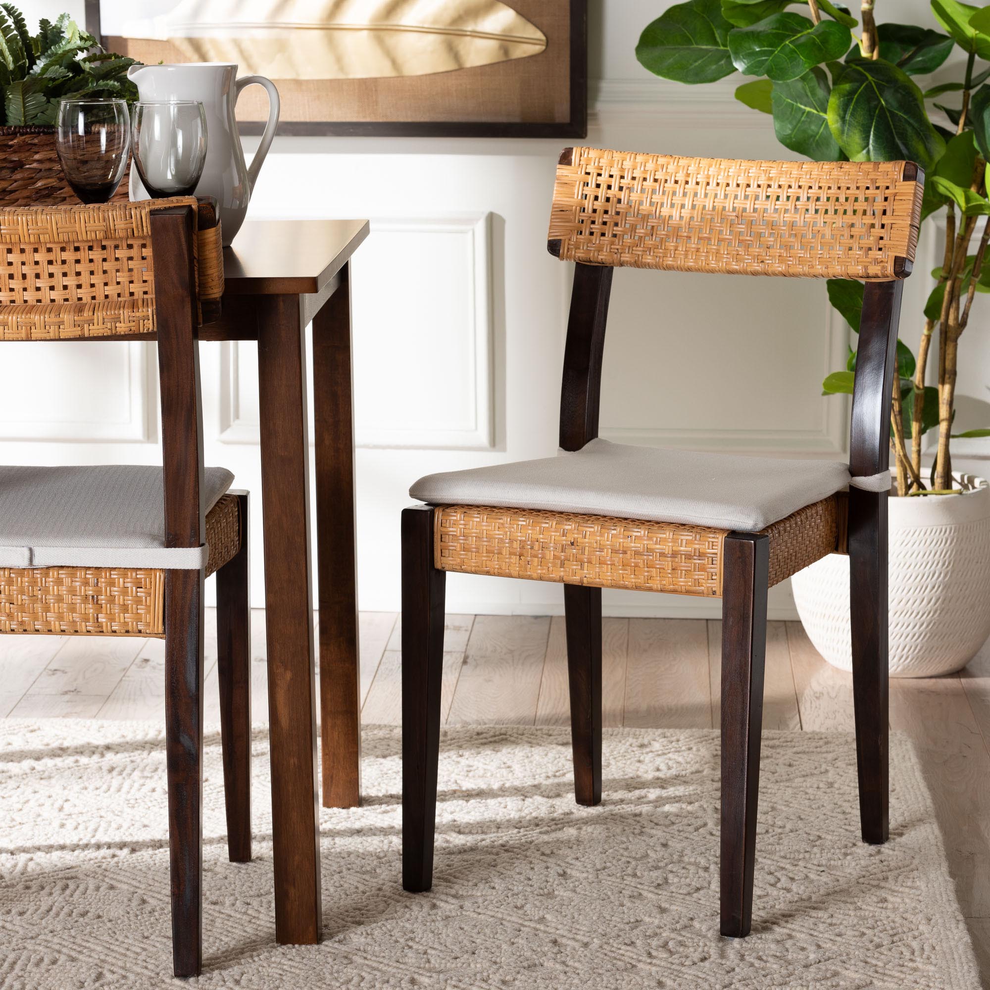 Zaila Rattan and Dark Brown Wood Dining Chair In Light Honey by Baxton ...