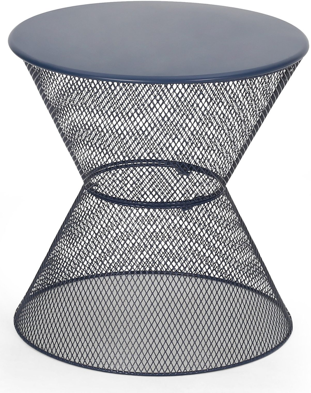 Zine Outdoor Side Table with Hourglass Shaped and Iron Frame In Navy by ...