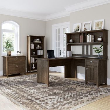 Bush Furniture Salinas 60W L Shaped Desk with Hutch Lateral File Cabinet and 5 Shelf Bookcase in Ash Brown 1StopBedrooms