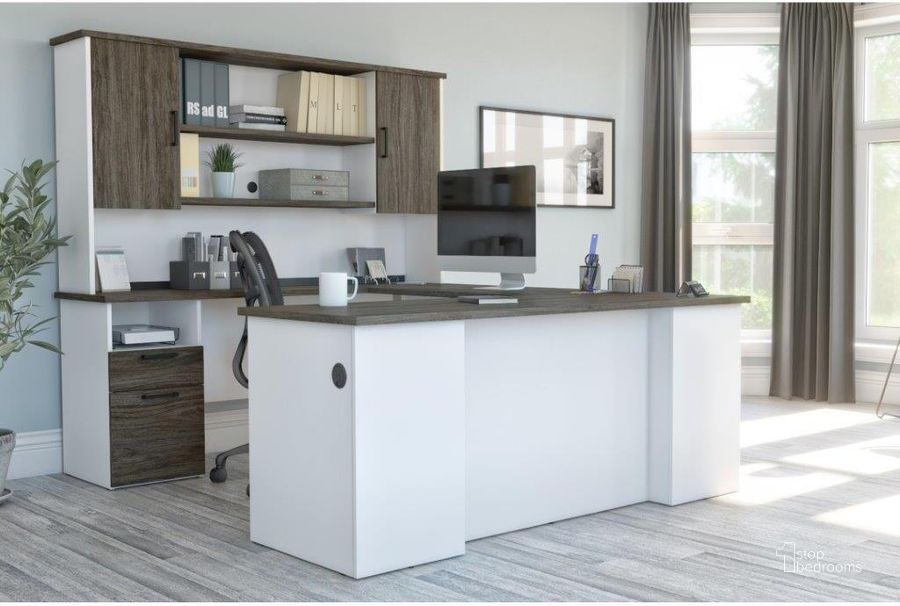 Bestar Norma U-shaped Desk with Hutch - Walnut Grey and White ...