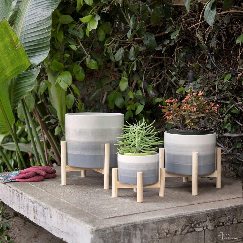 6 Inch Ceramic Planter With Wood Stand In Beige Mix by Sagebrook ...