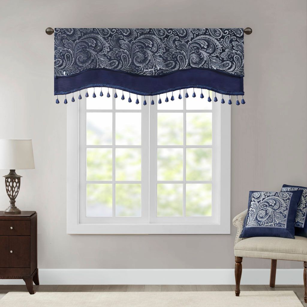 Aubrey Jacquard Window Rod Pocket Valance with Beads In Navy by Olliix ...