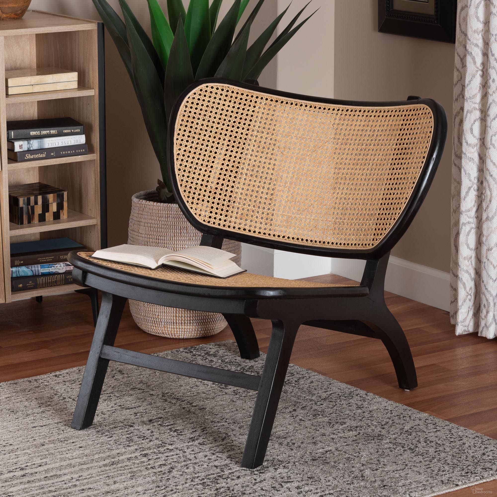 Brisbane Mahogany Wood and Woven Rattan Accent Chair In Black and ...