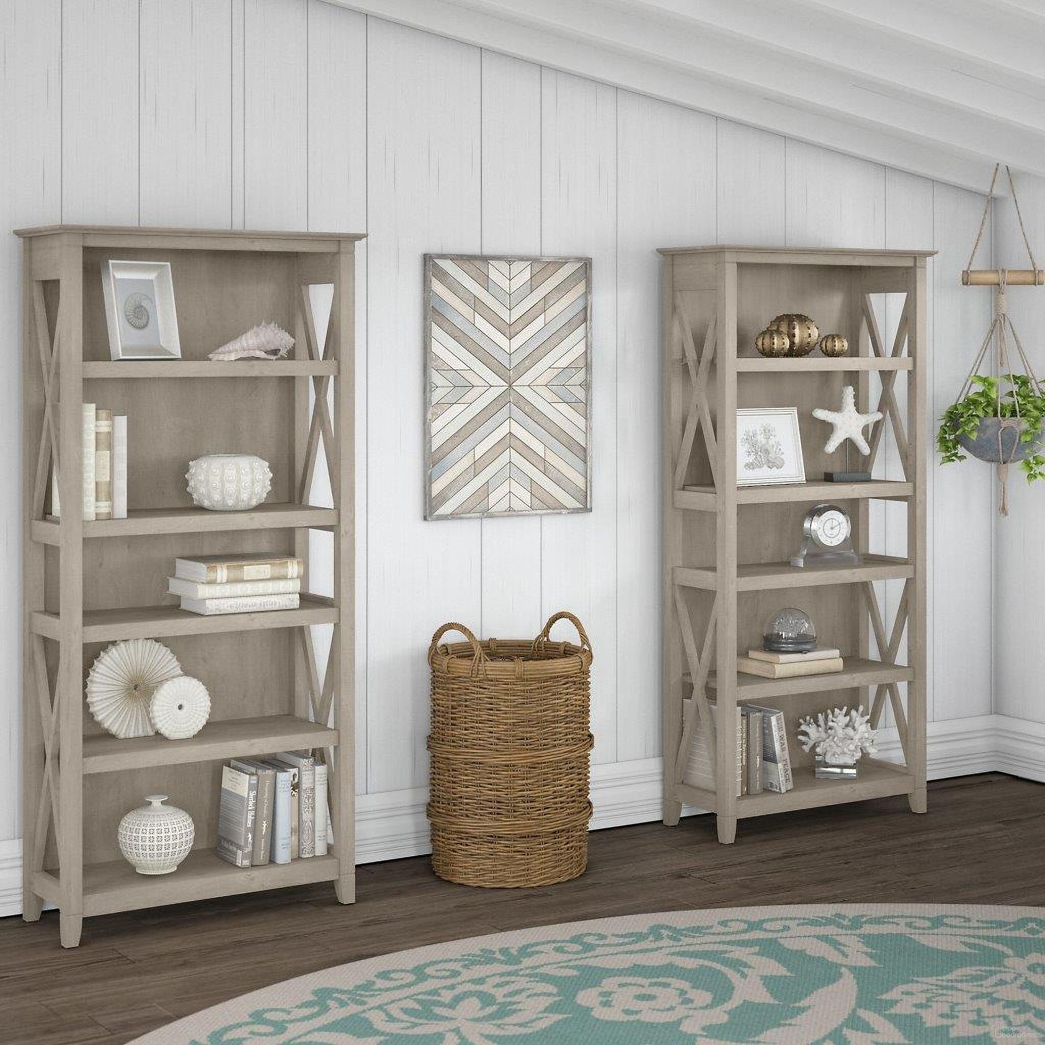Bush Furniture Key West 5 Shelf Bookcase Set in Washed Gray | 1StopBedrooms