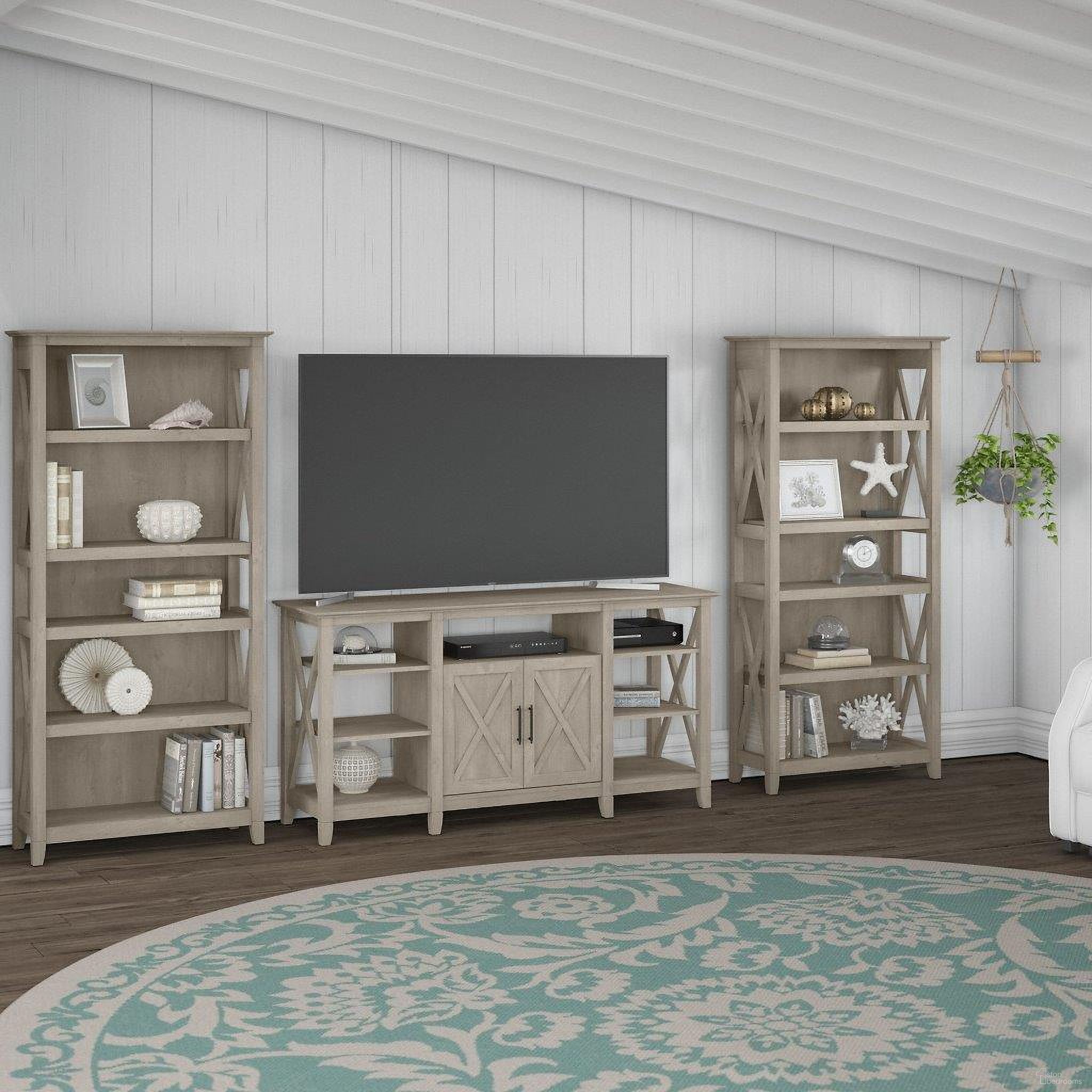 Bush Furniture Key West Tall Tv Stand with Set of 2 Bookcases in Washed ...