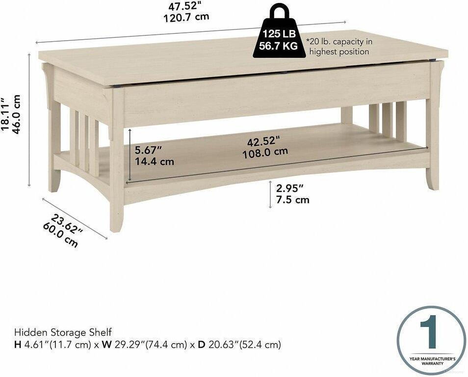 Bush Furniture Salinas Lift Top Coffee Table Desk with Storage in Antique White | 1StopBedrooms