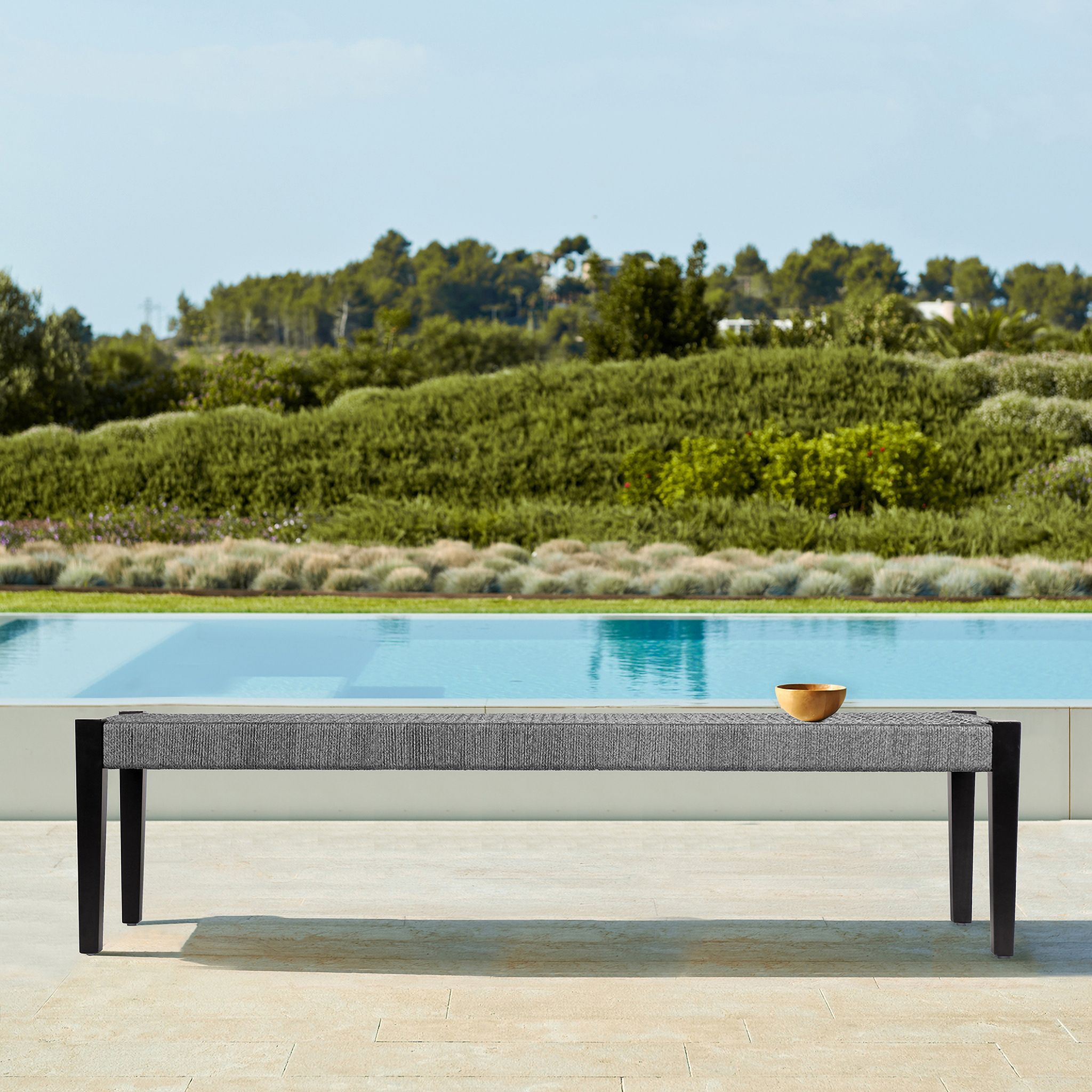 Camino Indoor Outdoor Dining Bench In Eucalyptus Wood And Gray Rope By